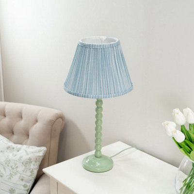VALUELIGHTS BOBBLES SAGE GREEN BOBBIN TABLE LAMP WITH BLUE PLEATED SHADE