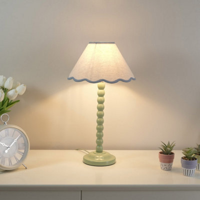 ValueLights Bobbles Sage Green Bobbin Table Lamp with Blue Trim Scallop ...