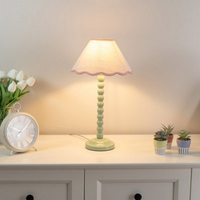 ValueLights Bobbles Sage Green Bobbin Table Lamp with Pink Trim Scallop ...
