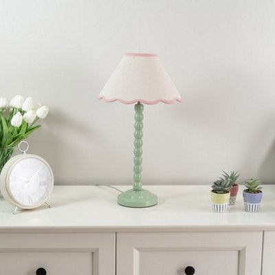 ValueLights Bobbles Sage Green Bobbin Table Lamp with Pink Trim Scallop ...