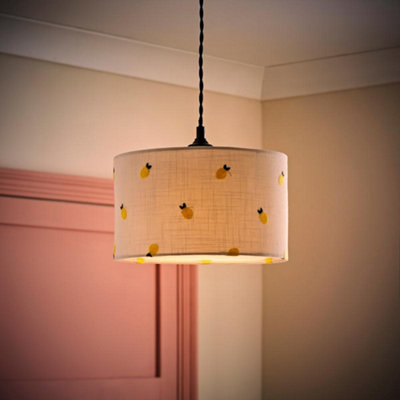 ValueLights Brae Natural White Fabric Lemon Embroidered Small Drum Lamp ...