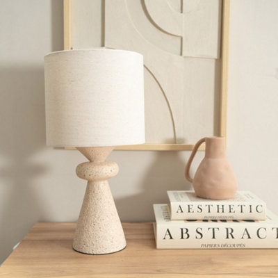 ValueLights Cady Natural Cement Effect Bedside Table Lamp with Drum ...