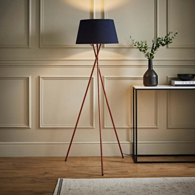 ValueLights Camden Copper Tripod Floor Lamp with Navy Tapered Shade