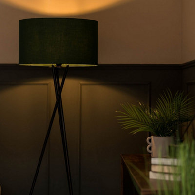 ValueLights Camden Modern Gloss Black Metal Tripod Floor Lamp with Forest Green Drum Shade
