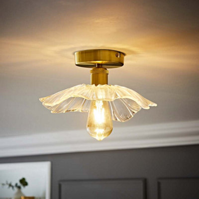 ValueLights Cassia Gold Flush Ceiling Light with Clear Glass Flower Shade