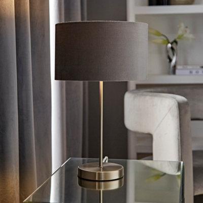 ValueLights Charles Brushed Chrome Table Lamp with Grey Velvet Shade