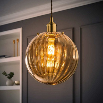 ValueLights Chessy Amber Tinted Ribbed Glass Globe Easy Fit Ceiling ...