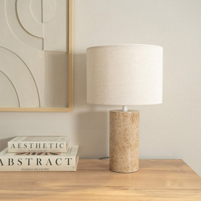 ValueLights Chloe Natural Marble Effect Bedside Table Lamp with Neutral ...