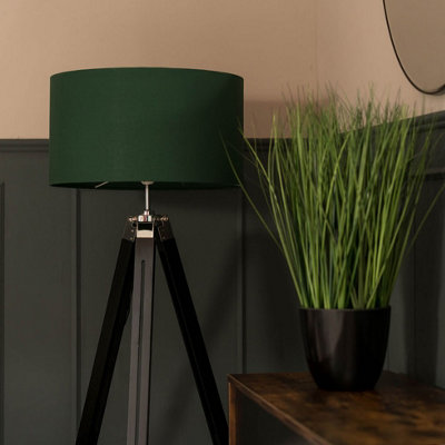 ValueLights Clipper Modern Black Wood and Silver Chrome Tripod Floor Lamp with Forest Green Drum Shade