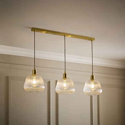 ValueLights Delora Ribbed Bell Glass 3 Drop Brushed Gold Diner Ceiling ...