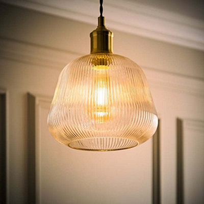 ValueLights Delora Ribbed Bell Glass Easy Fit Ceiling Lamp Shade with Bulb