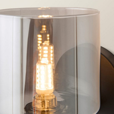 ValueLights Demi Pair of Matte Black and Smoked Glass Wall Lights and Bulbs