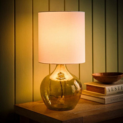 ValueLights Emily Natural Linen Drum Shade Dark Green Glass Teardrop ...