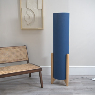 ValueLights Henry Wooden Oak Effect Midi Floor Lamp with Navy Blue ...