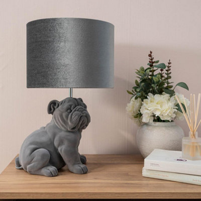 ValueLights Kaia Grey Velvet Bulldog Bedside Table Lamp with a Drum ...