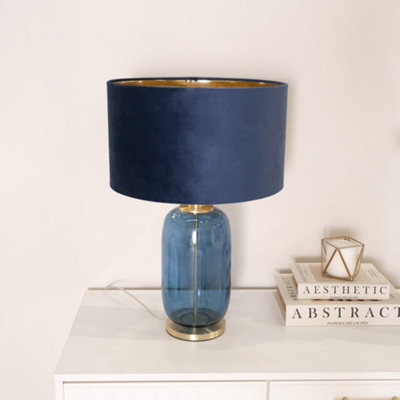 ValueLights Leigh Navy Blue and Gold Glass Table Lamp with Navy Velvet ...