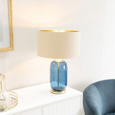 ValueLights Leigh Navy Blue Glass and Gold Detail Table Lamp with Beige ...