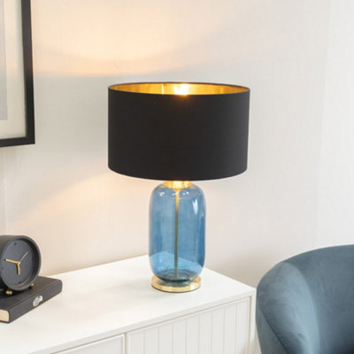 ValueLights Leigh Navy Blue Glass and Gold Detail Table Lamp with Black ...