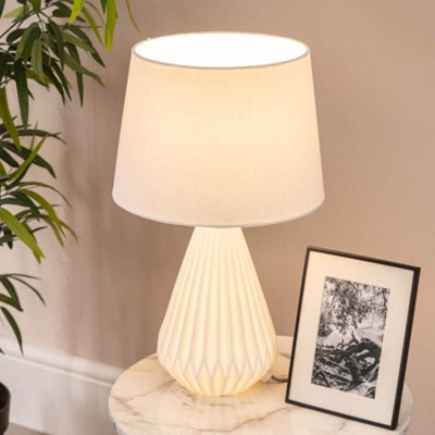 ValueLights Linea White Ceramic Light Up Base Bedside Table Lamp with a Fabric Lampshade Bulb Included