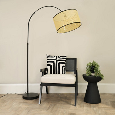 ValueLights Louis Black Arched Curved Floor Lamp with Natural Cane Drum ...