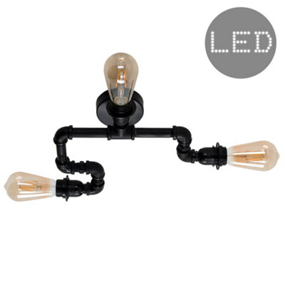 Buy ValueLights Luiggi Industrial 3 Way Satin Black Staggered Pipework ...