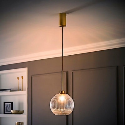 ValueLights Maddison Clear Ribbed Glass Shade Brushed Gold Ceiling ...