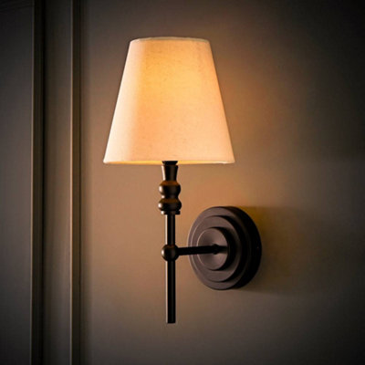 ValueLights Maggie Pair of Black Candlestick Wall Lights with Linen Shade