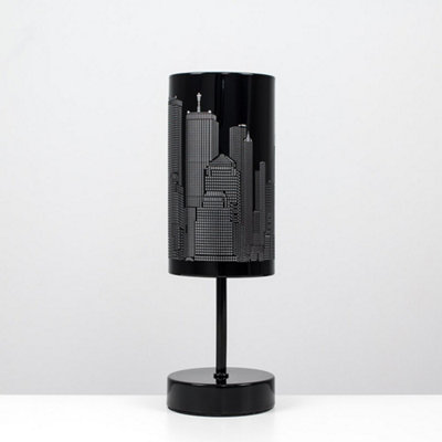 ValueLights Modern Gloss Black Touch Table Lamp With New York Skyline Shade