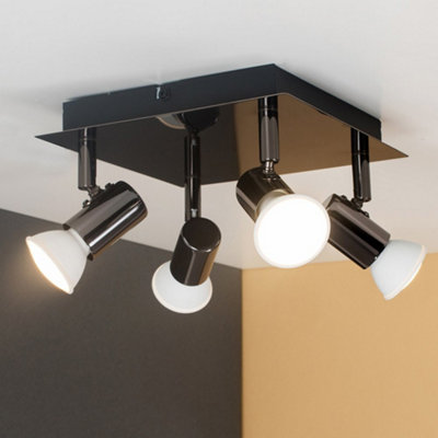ValueLights Modern Square Black 4 Way GU10 Ceiling Spotlight | DIY at B&Q