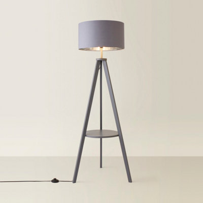 ValueLights Modern Tripod Grey Chrome Floor Lamp With Storage Shelf