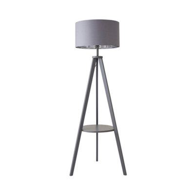 ValueLights Modern Tripod Grey Chrome Floor Lamp With Storage Shelf