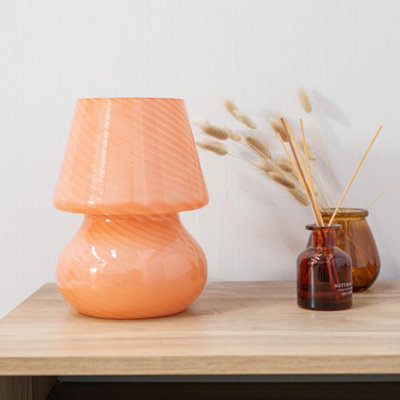 ValueLights Nelly Pin Stripe Peach Glass Table Lamp with Tapered ...