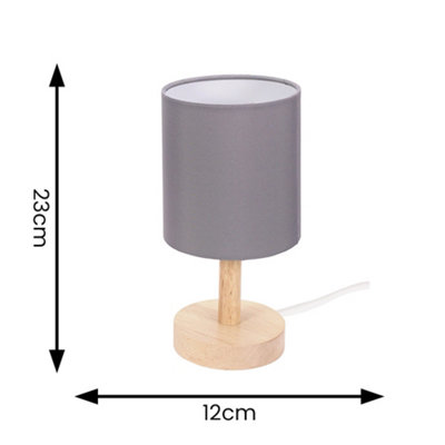 ValueLights Nelly Set of 2 - Natural Wood Base Bedside Table Lamps with Grey Cylinder Lampshade ...