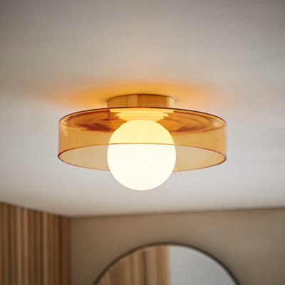 ValueLights Newbury Amber Glass IP44 Flush Ceiling Light