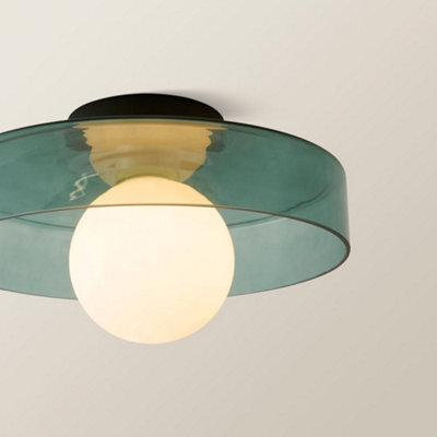 ValueLights Newbury Jade Green Glass IP44 Flush Ceiling Light and Bulb