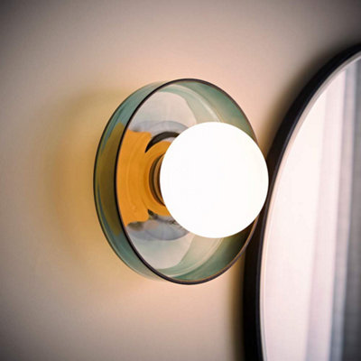 ValueLights Newbury Jade Green Glass IP44 Flush Wall Light and Bulb