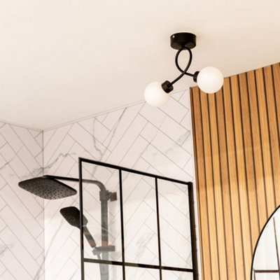 ValueLights Orbital Black 2 Way Opal Glass IP44 Bathroom Ceiling Light ...