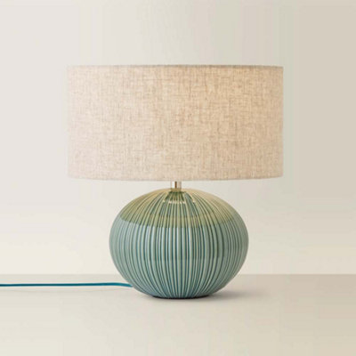 ValueLights Rebecca Green Ribbed Ceramic Table Lamp with Linen Shade
