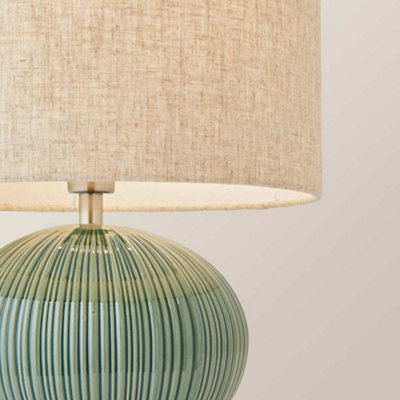 ValueLights Rebecca Green Ribbed Ceramic Table Lamp with Linen Shade