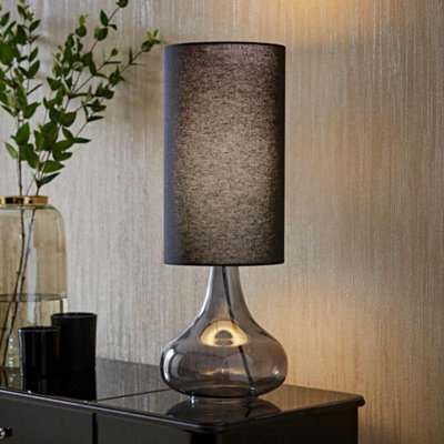 ValueLights Sylvie Black Linen Tall Lamp Shade Smoked Glass Squat Table ...