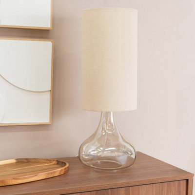 ValueLights Sylvie Natural Linen Tall Lamp Shade Amber Glass Squat ...