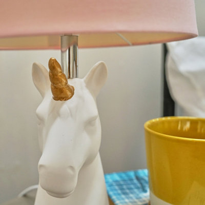 ValueLights White and Gold Ceramic Unicorn Table Lamp With Dusty Pink Tapered Light Shade With LED