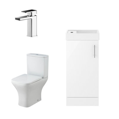 Vanity Basin Unit, Tap, and Toilet Set - Gloss White/Chrome