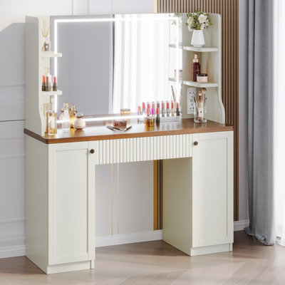 Vanity Desk with LED Lighted Mirror Power Outlet Makeup Table with Drawers Cabinet White Brown