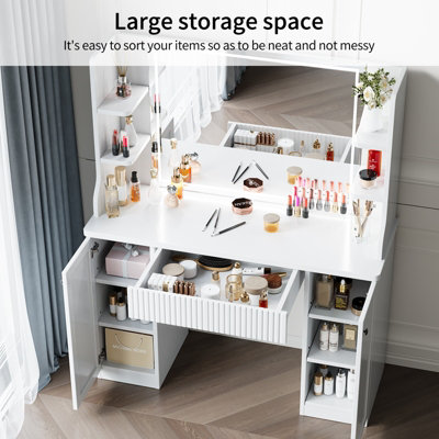 Vanity Desk with LED Lighted Mirror & Power Outlet, Makeup Table with ...