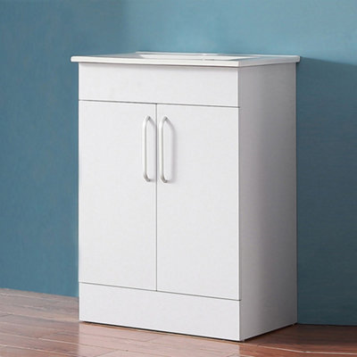 Vanity Unit Basin 600mm Floor Standing Matte White Resin Sink Flat Pack Bathroom Storage Cabinet ...