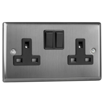 Varilight 2-Gang 13A Double Pole Switched Socket Brushed Steel | DIY at B&Q