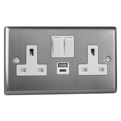 Varilight 2-Gang 13A Single Pole Switched Socket with 1x USB A & 1x USB ...