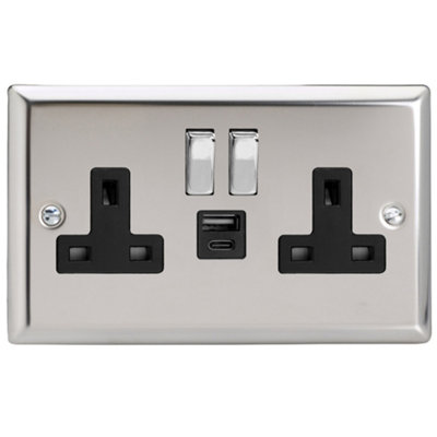 Varilight 2-Gang 13A Single Pole Switched Socket with 1x USB A & 1x USB ...
