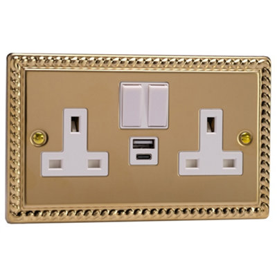 Varilight 2-Gang 13A Single Pole Switched Socket with 1x USB A & 1x USB ...